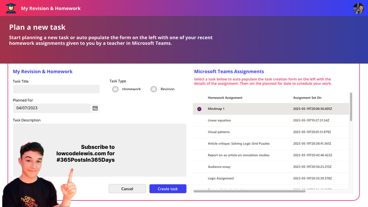 Finishing the task creation screen - Planning Revision & Assignments - Part 4 - Low Code Lewis