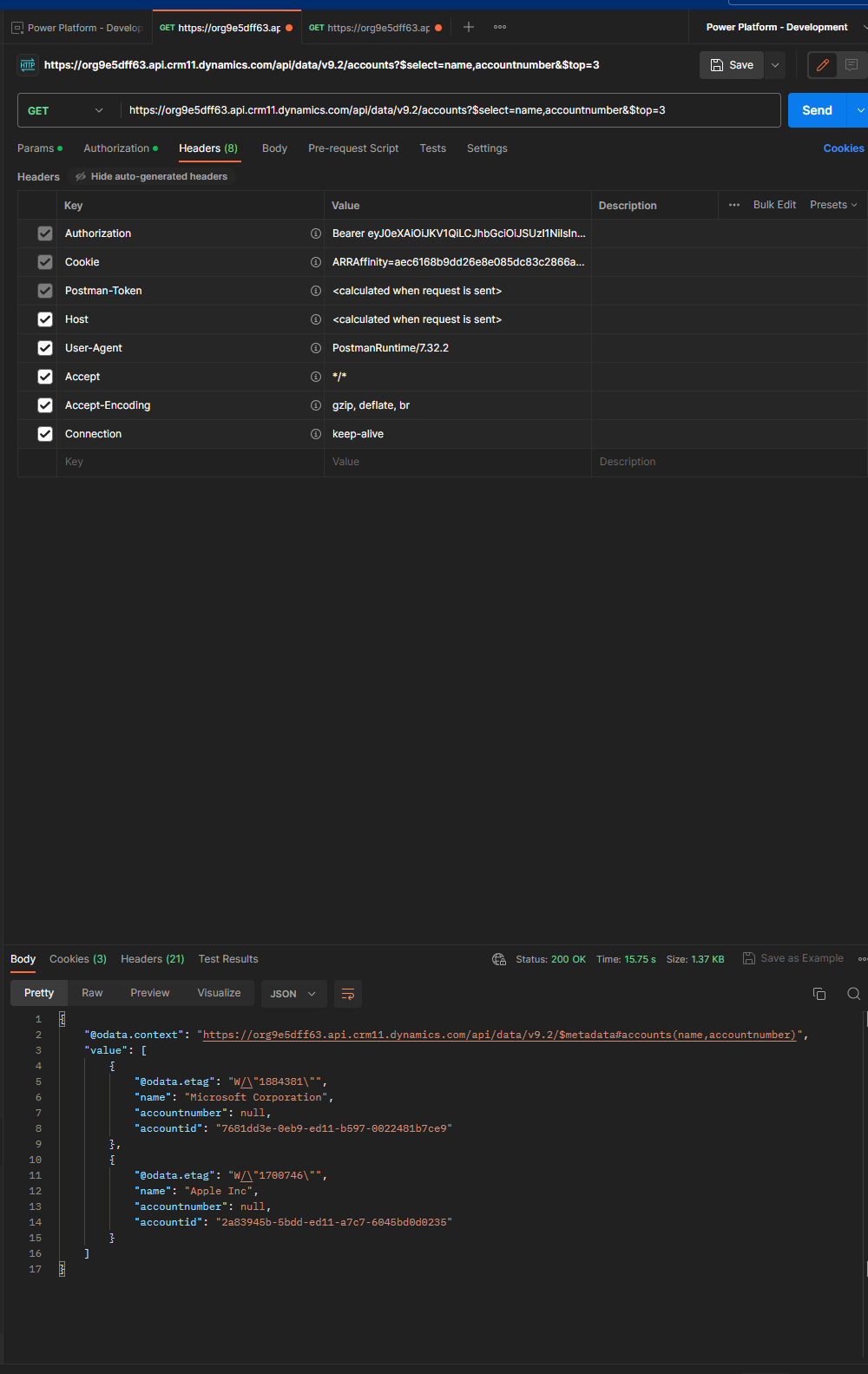 Configure a Postman environment for working with the Dataverse Web API ...
